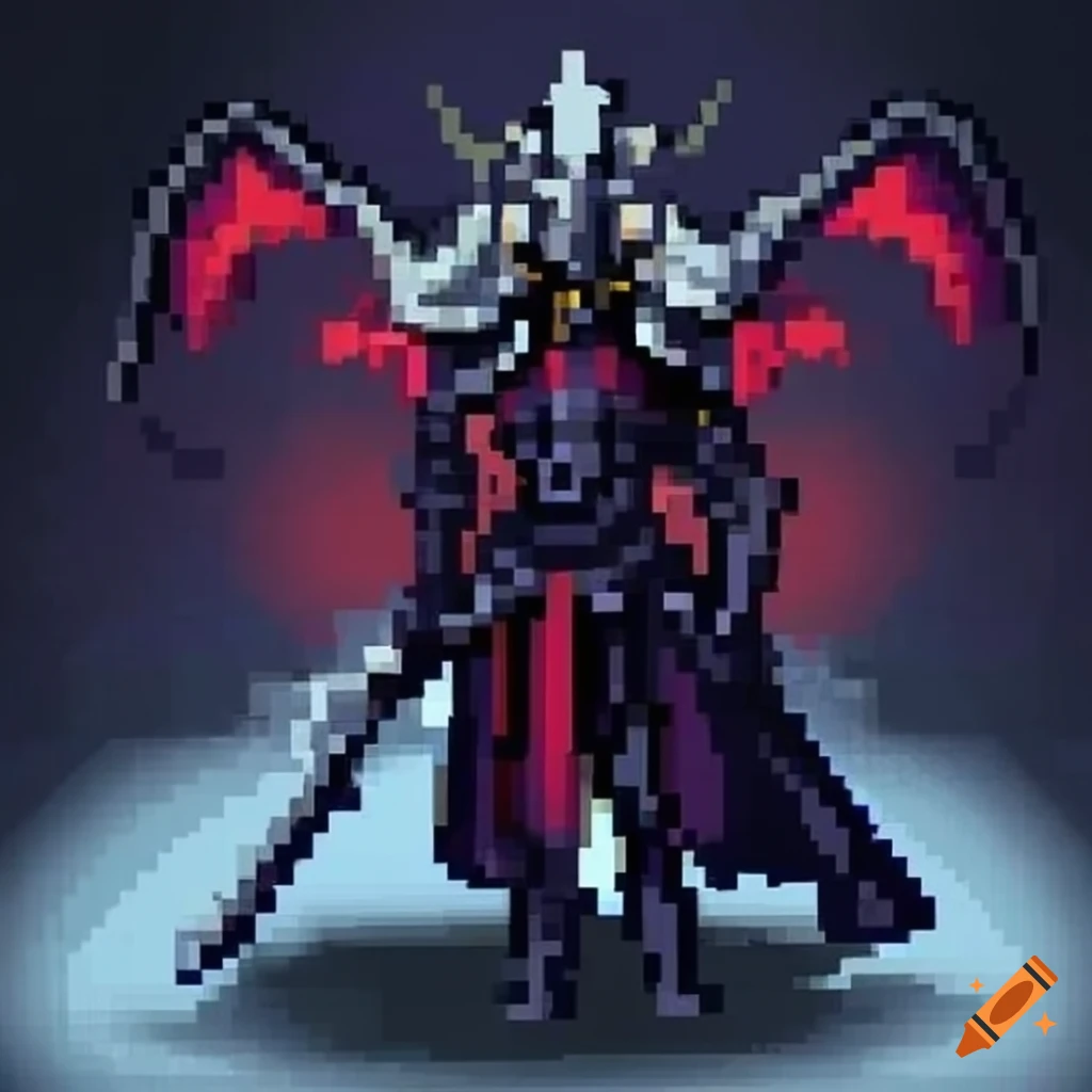 Anime demon-knight armored overlord in 8-bit pixel art style on Craiyon