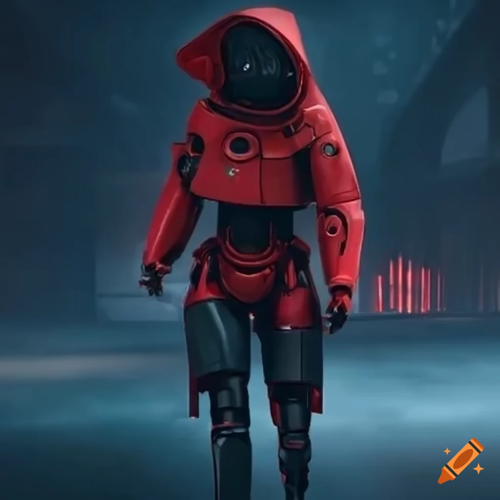Advanced red robot with a hood in a futuristic setting on Craiyon