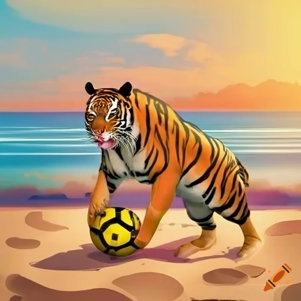 Tiger playing football with a boy at the beach on Craiyon