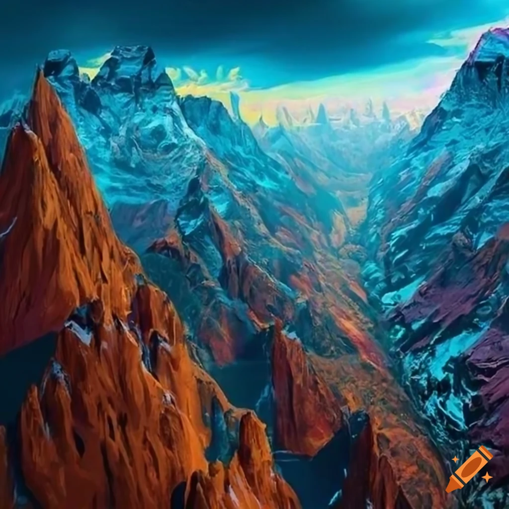 Hyperrealistic medieval climbers scaling icy cliffs in a snowy ...