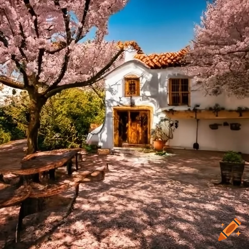 Spanish country house backyard with cherry blossom trees on Craiyon