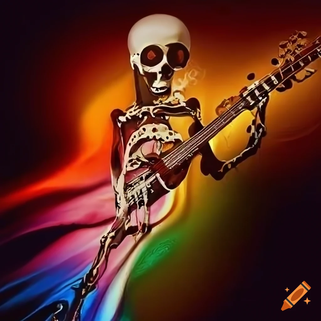Sputnik skeleton playing fender bass in a colorful abstract dreamscape ...