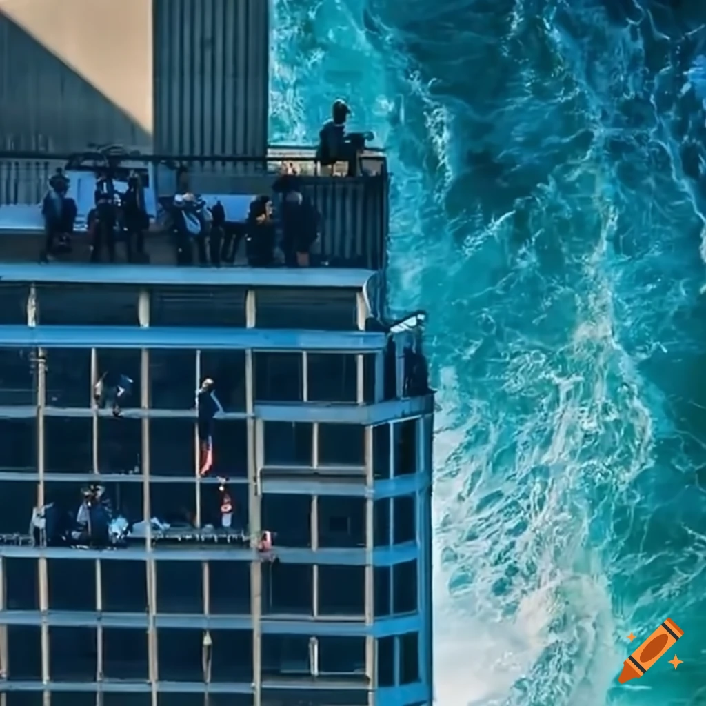 Helicopter rescuing people from building surrounded by water waves on ...