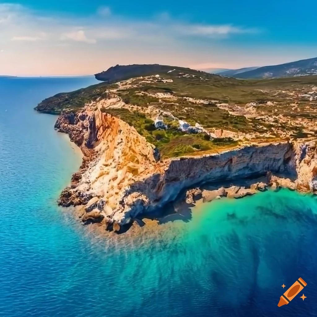 Aerial view of greek island coastline with sandy beach and statue of ...