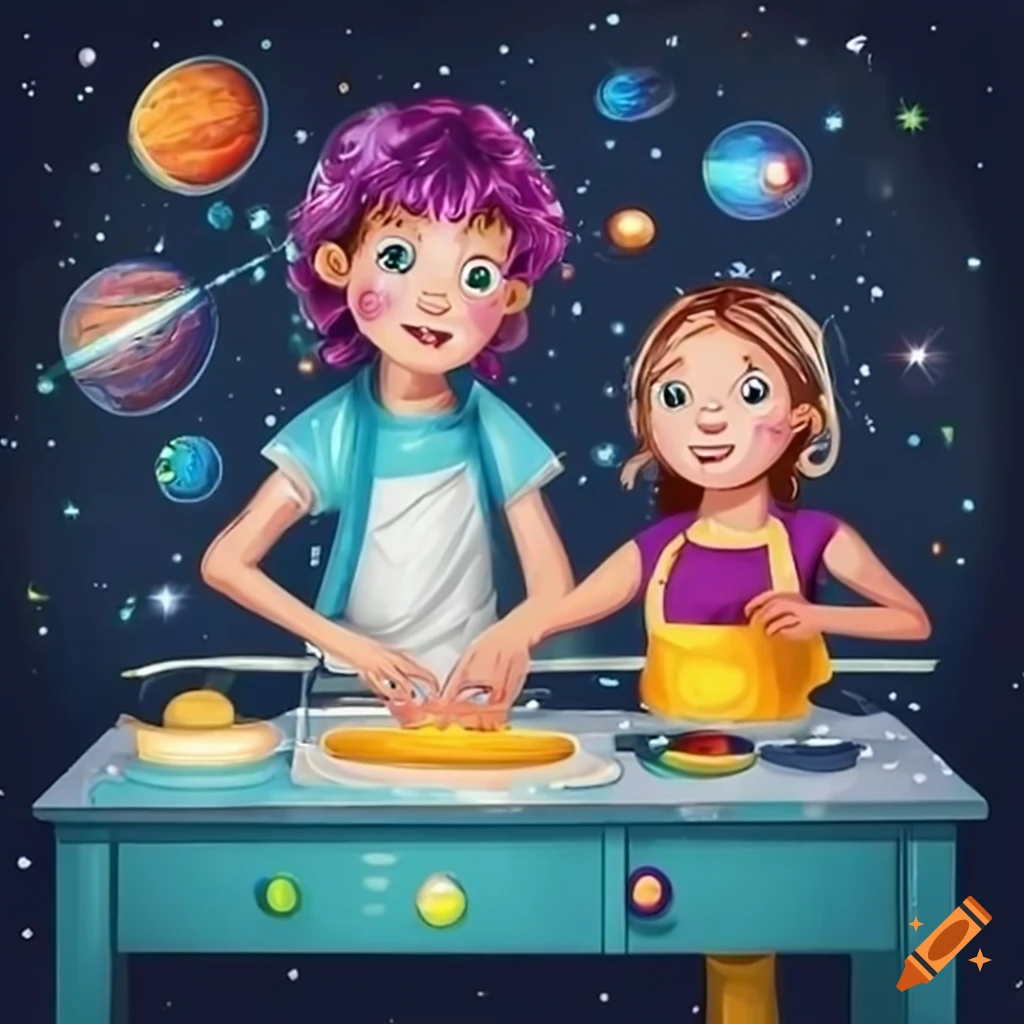Kids cooking in an outer space themed kitchen with planets and rocket ...