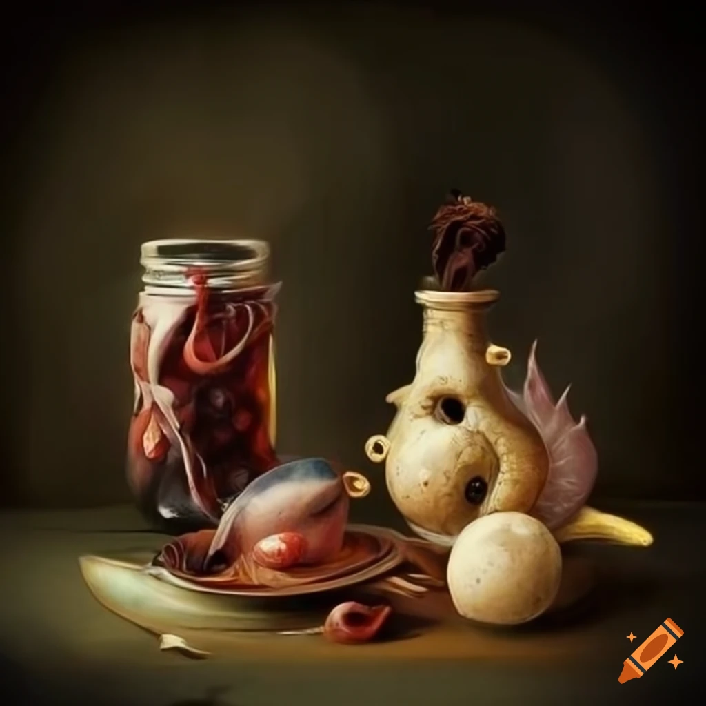 Hieronymus bosch-inspired still life with pickled dragon embryos in ...