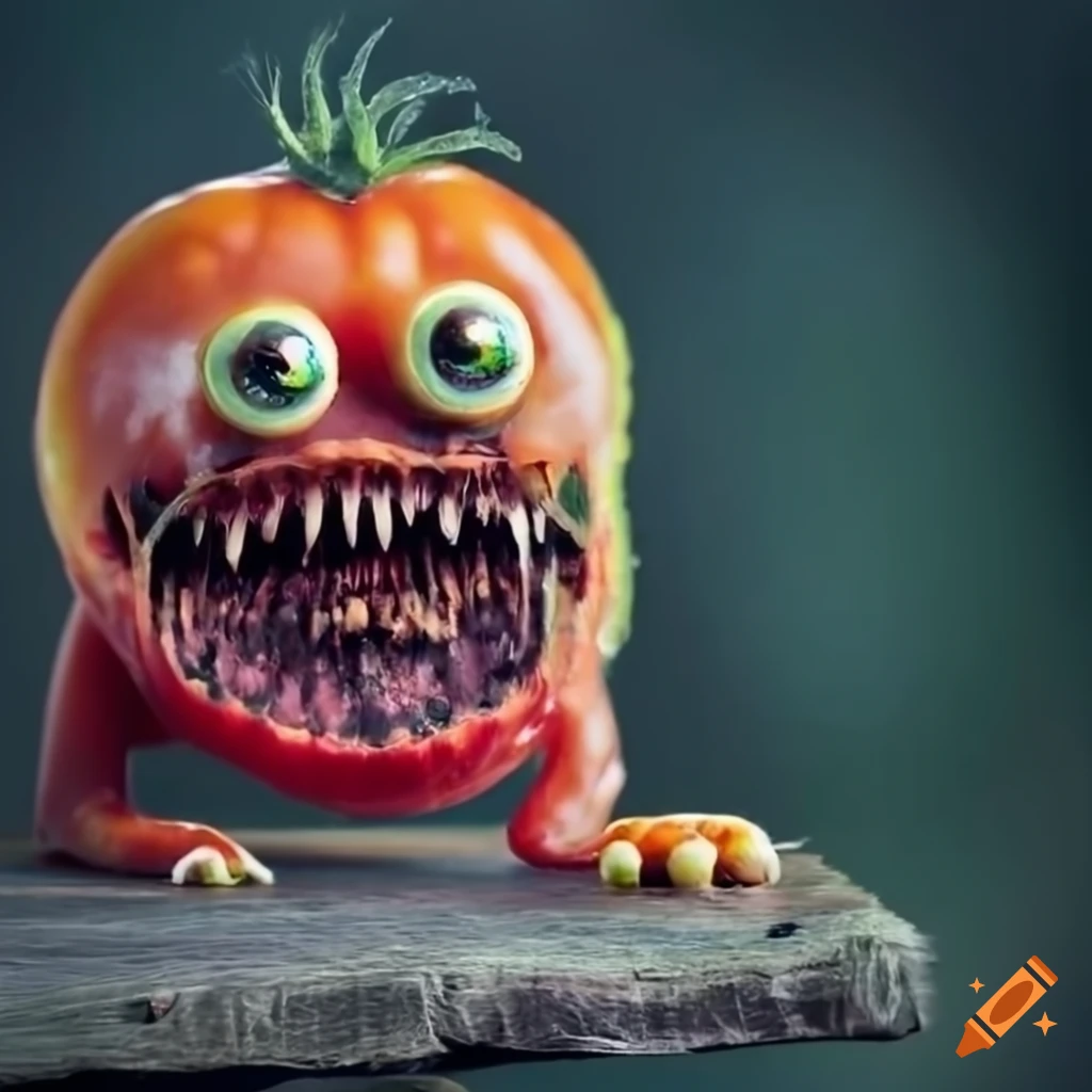 Close-up portrait of the rotten tomato fruit monster on Craiyon