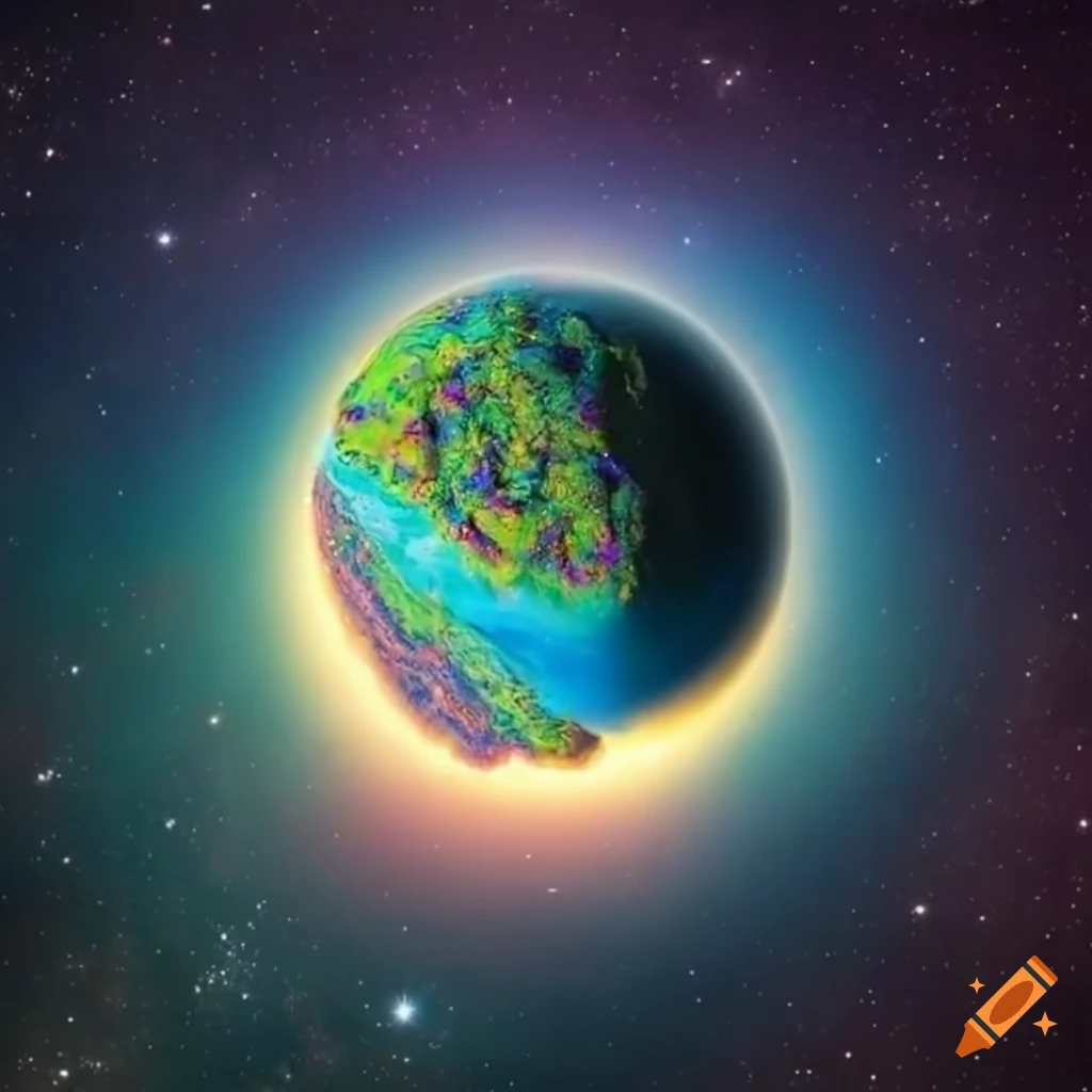 Colorful alien rocky planet with levitating island in a starry sky on ...