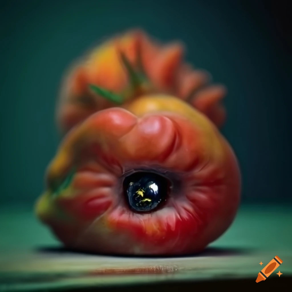 Close-up portrait of Rotten Tomato Fruit Monster in a realistic micro ...