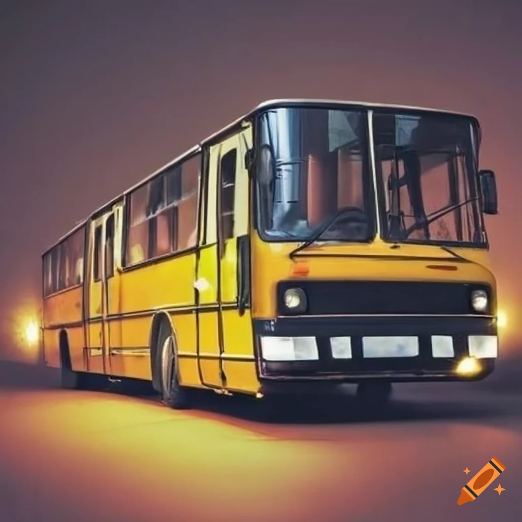 Classic yellow ikarus 280 bus from the 1980s with warm interior ...
