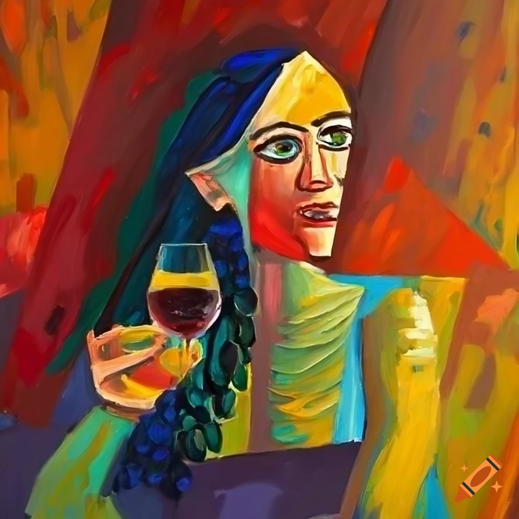 Vineyard and wine drinking theme in the style of Picasso on Craiyon