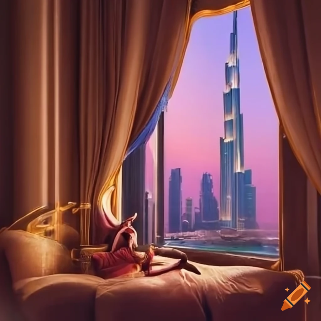 Aladdin in a luxurious room with a view of Burj Khalifa on Craiyon