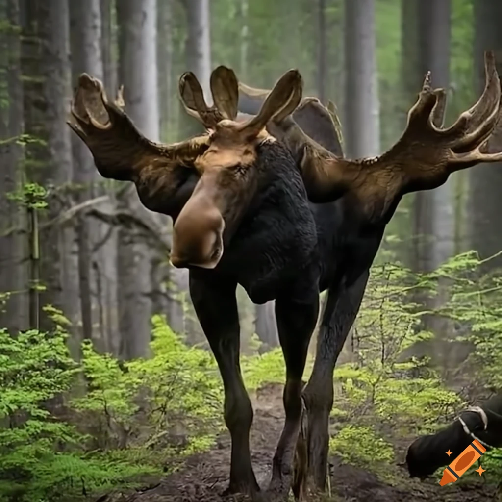 Muscular sasquatch battling a moose in a forest setting on Craiyon