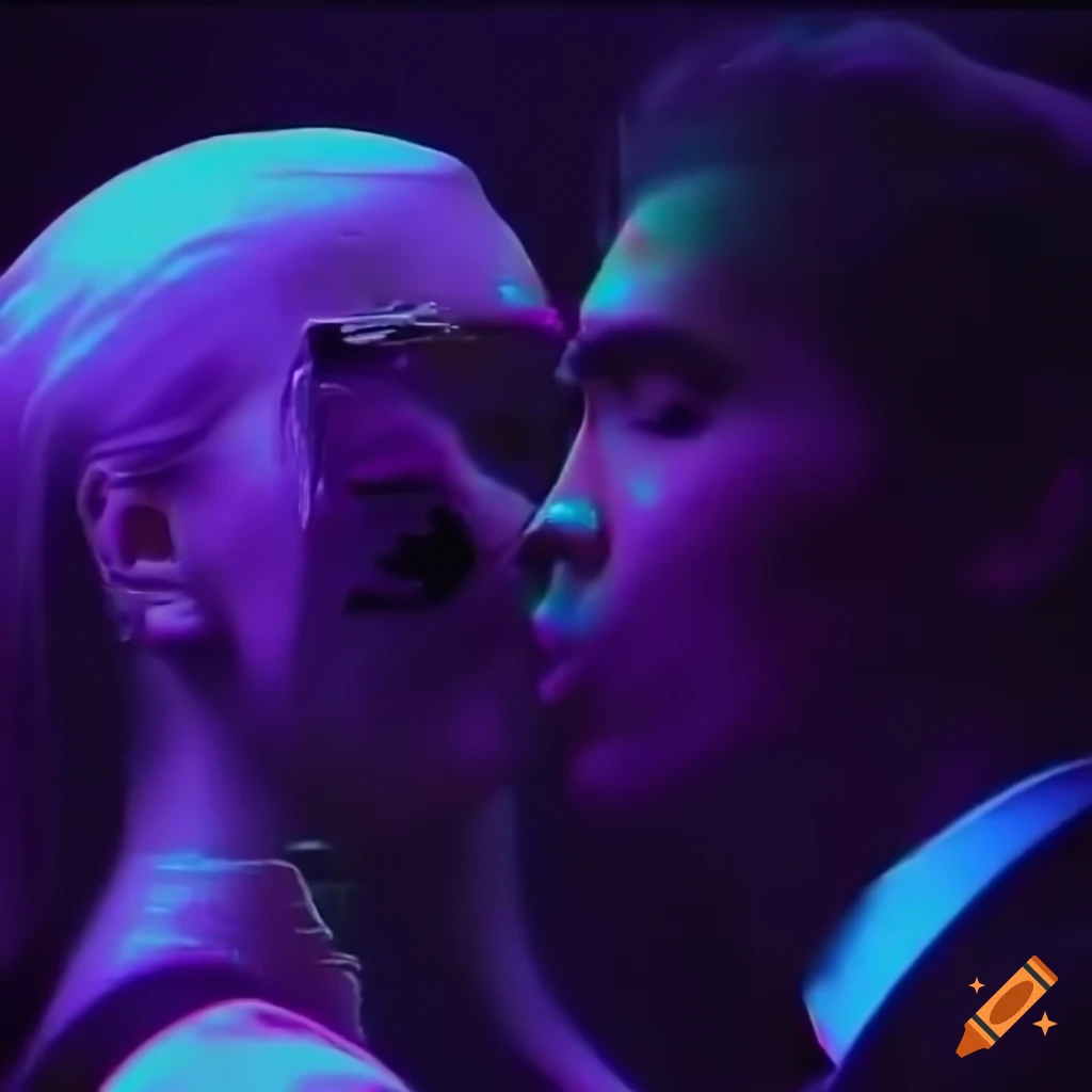 Androdes Kissing In 80s Sci Fi Style With Faded Colors And Blur Effect
