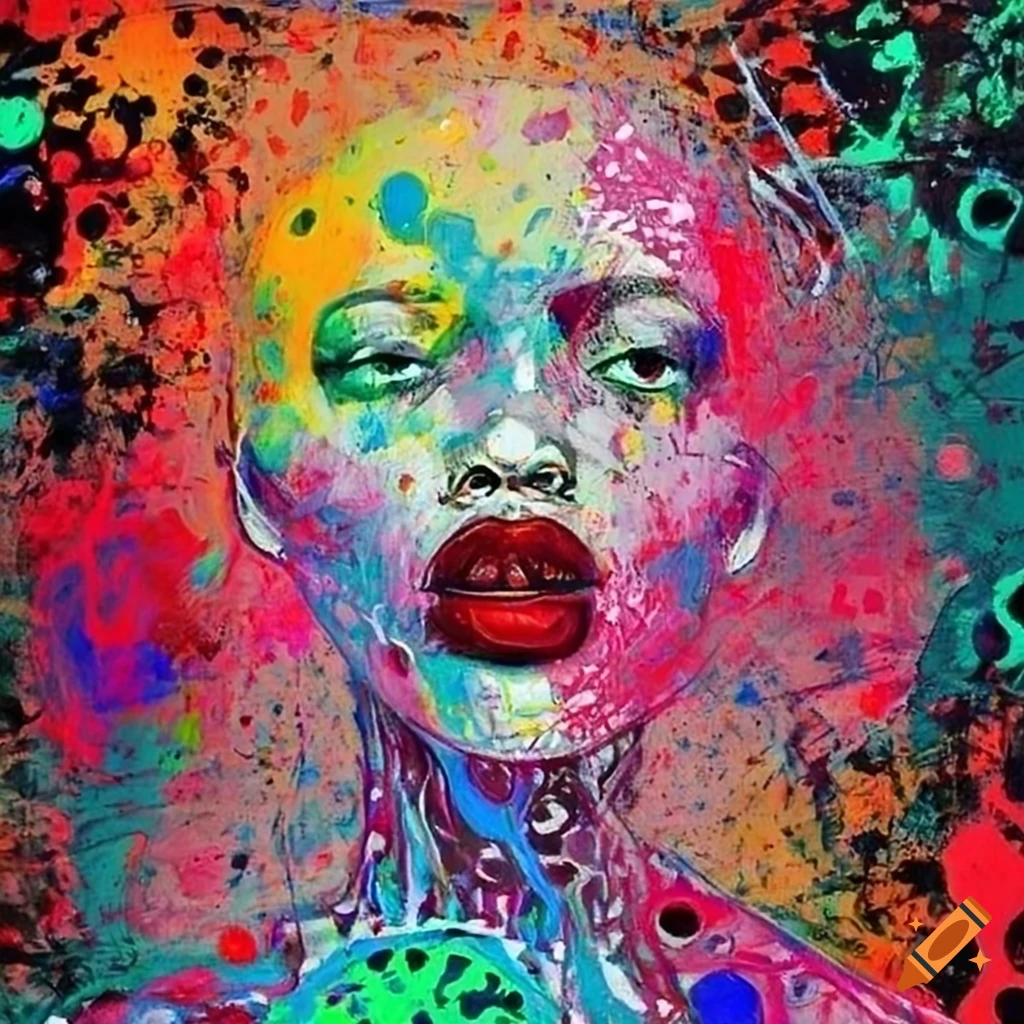 Abstract splatter painting with silver, white, pink, orange, acid blue ...