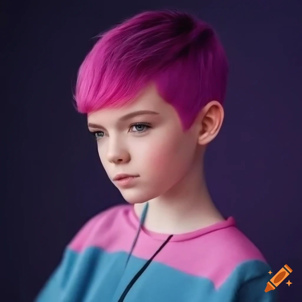 Cailee Spaeny with pixie haircut in simple blue-pink sweatshirt on Craiyon