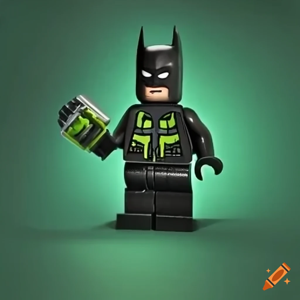 Lego Batman in black and green costume with Monster Energy drink on Craiyon