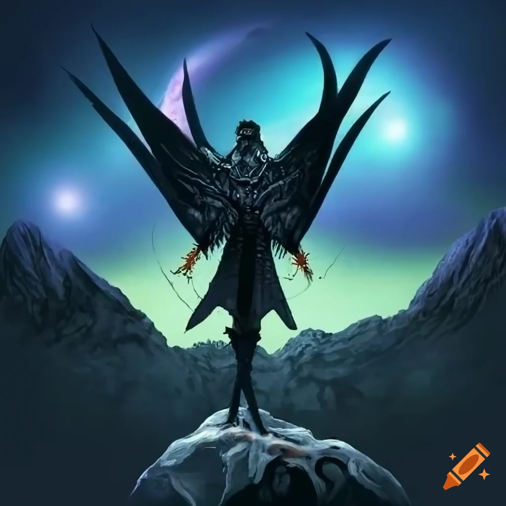 Ancient warrior god swallowing the sun above a mountain of bones and ...