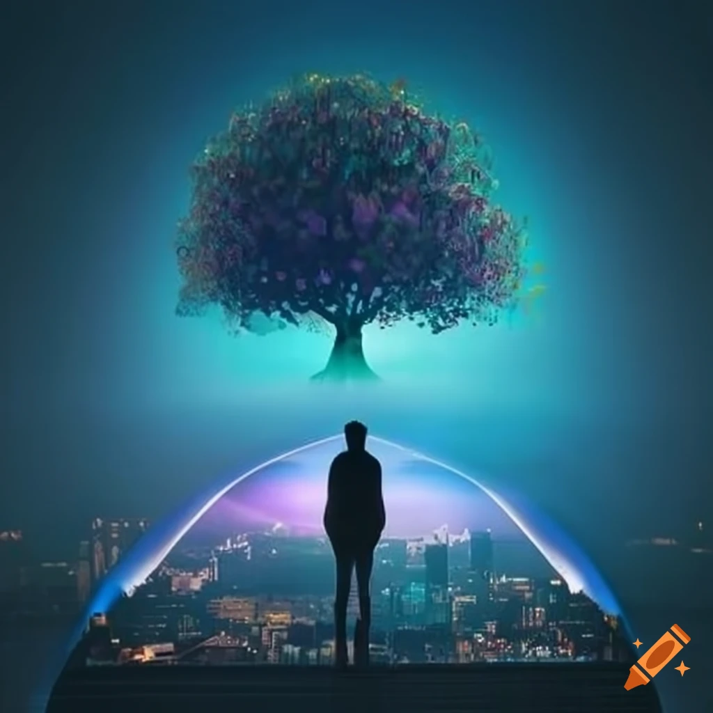 Digital tree in a city with glowing windows on Craiyon