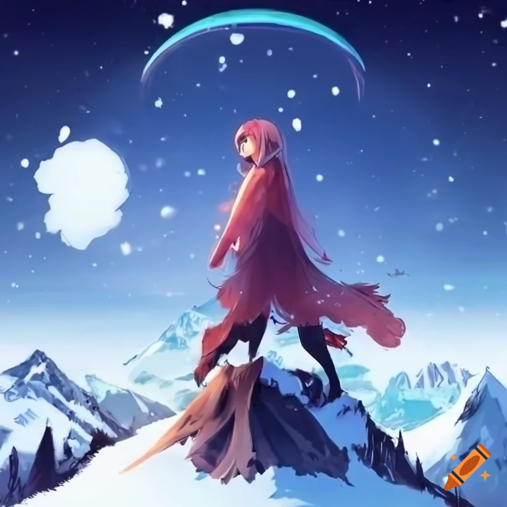 Girl in snow-covered mountains with a flying strawberry in a video game ...