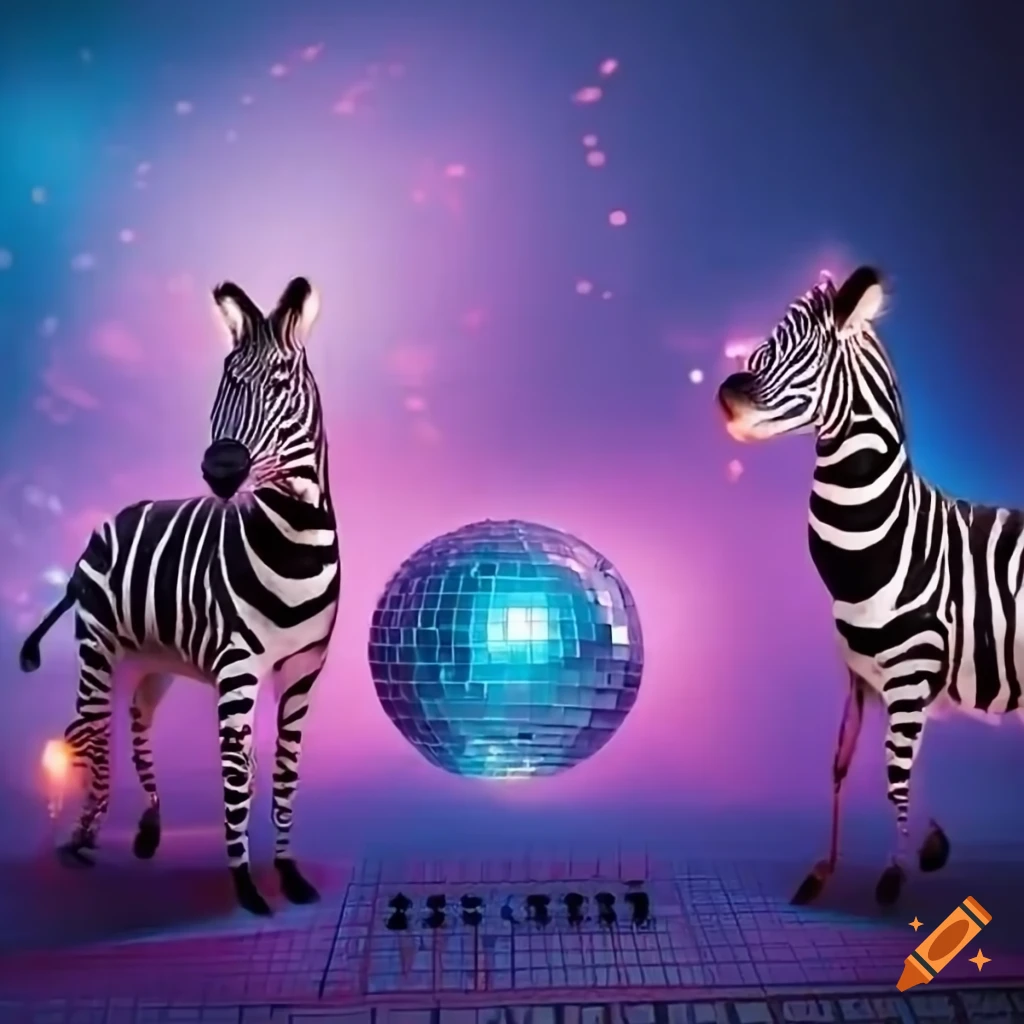 Two zebras on a music console at a party with a disco ball on Craiyon