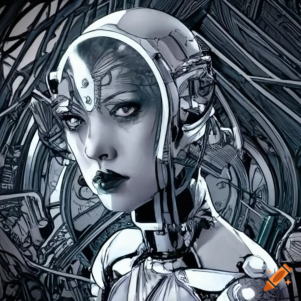 Black and white sci-fi depiction of pretty robot women under a full ...