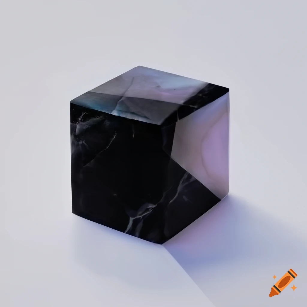 Black marble cube with iridescence on white table on Craiyon