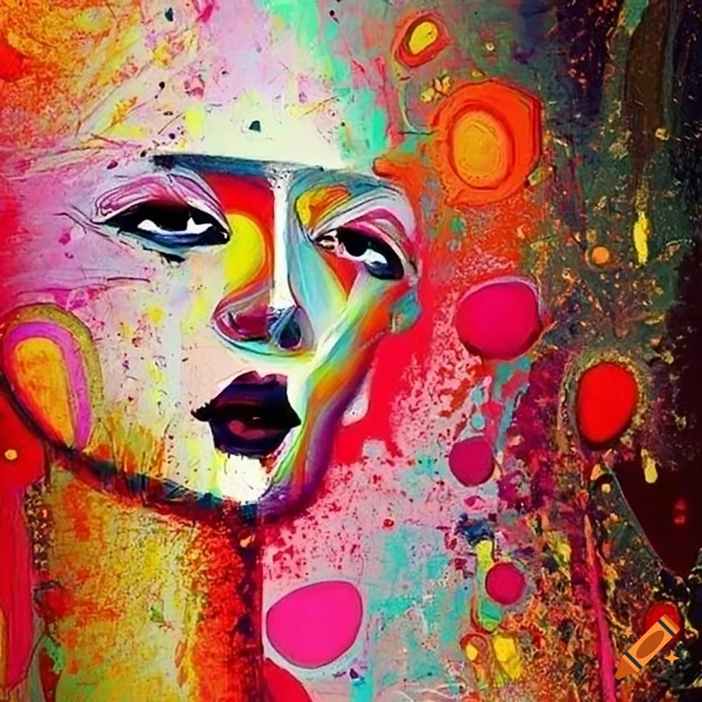 Abstract splatter painting with silver, white, pink, orange, acid blue ...