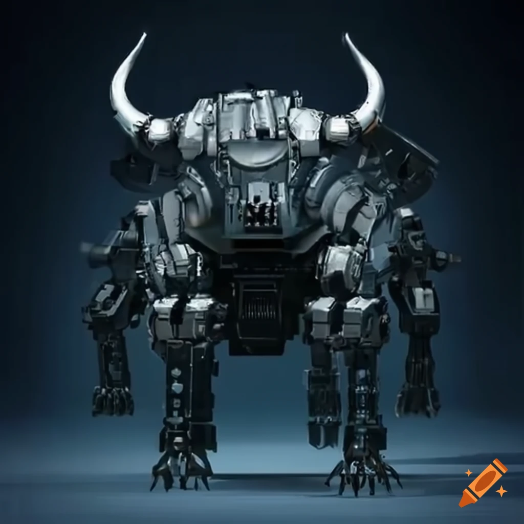 Intricately detailed mechanical robotic bull prepared for battle on Craiyon