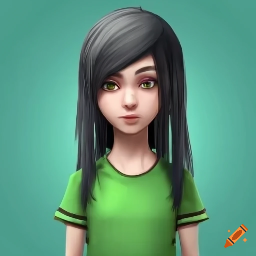 Avatar of a girl with black hair and green clothes for game development ...