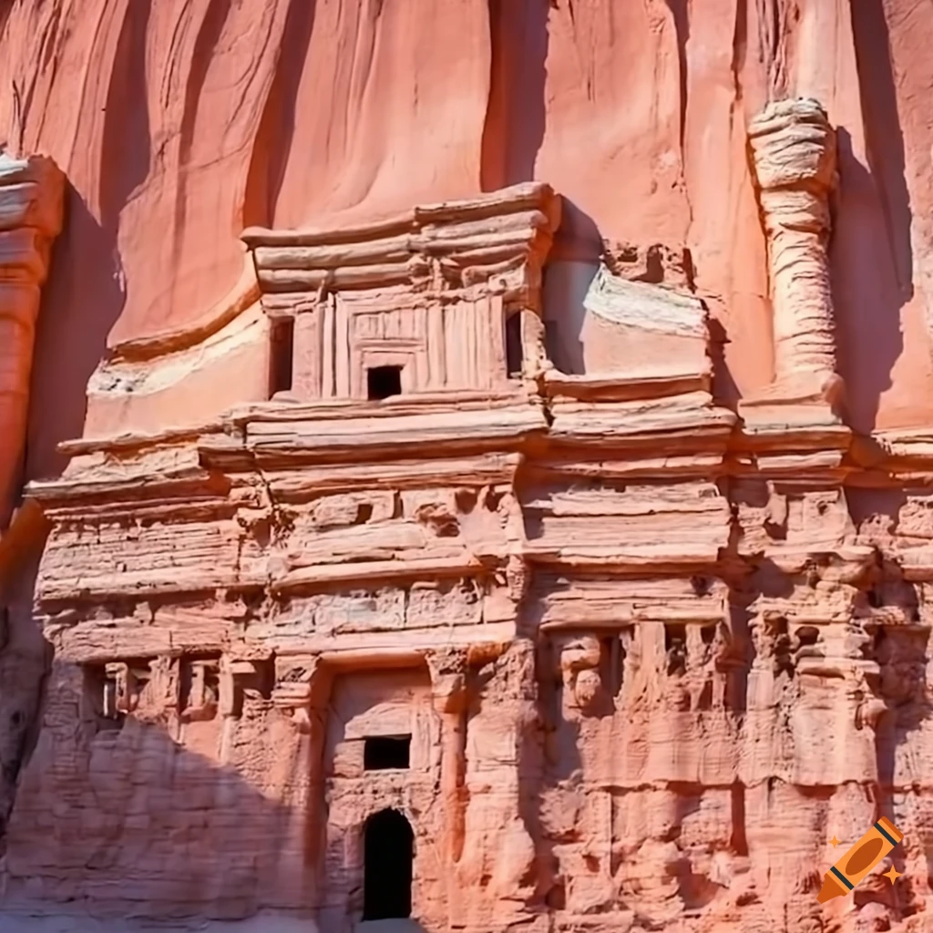 Ancient city carved into pink sandstone cliffs with intricate architecture on Craiyon