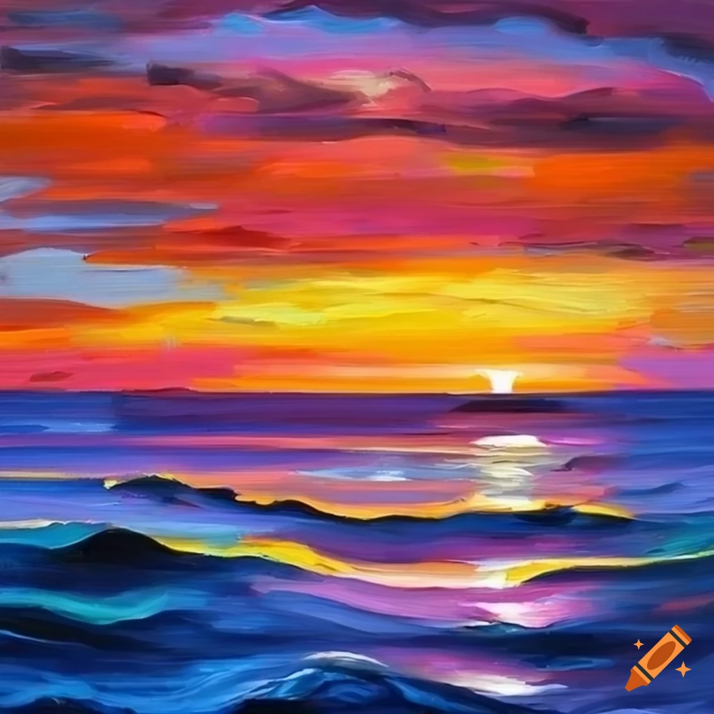 Tropical beach sunset in vibrant oil painting on Craiyon