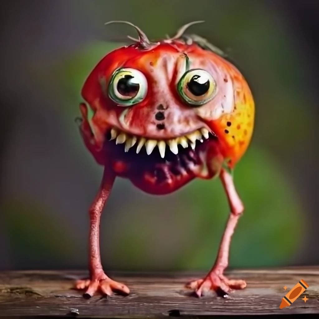 Close-up portrait of the rotten tomato fruit monster on Craiyon