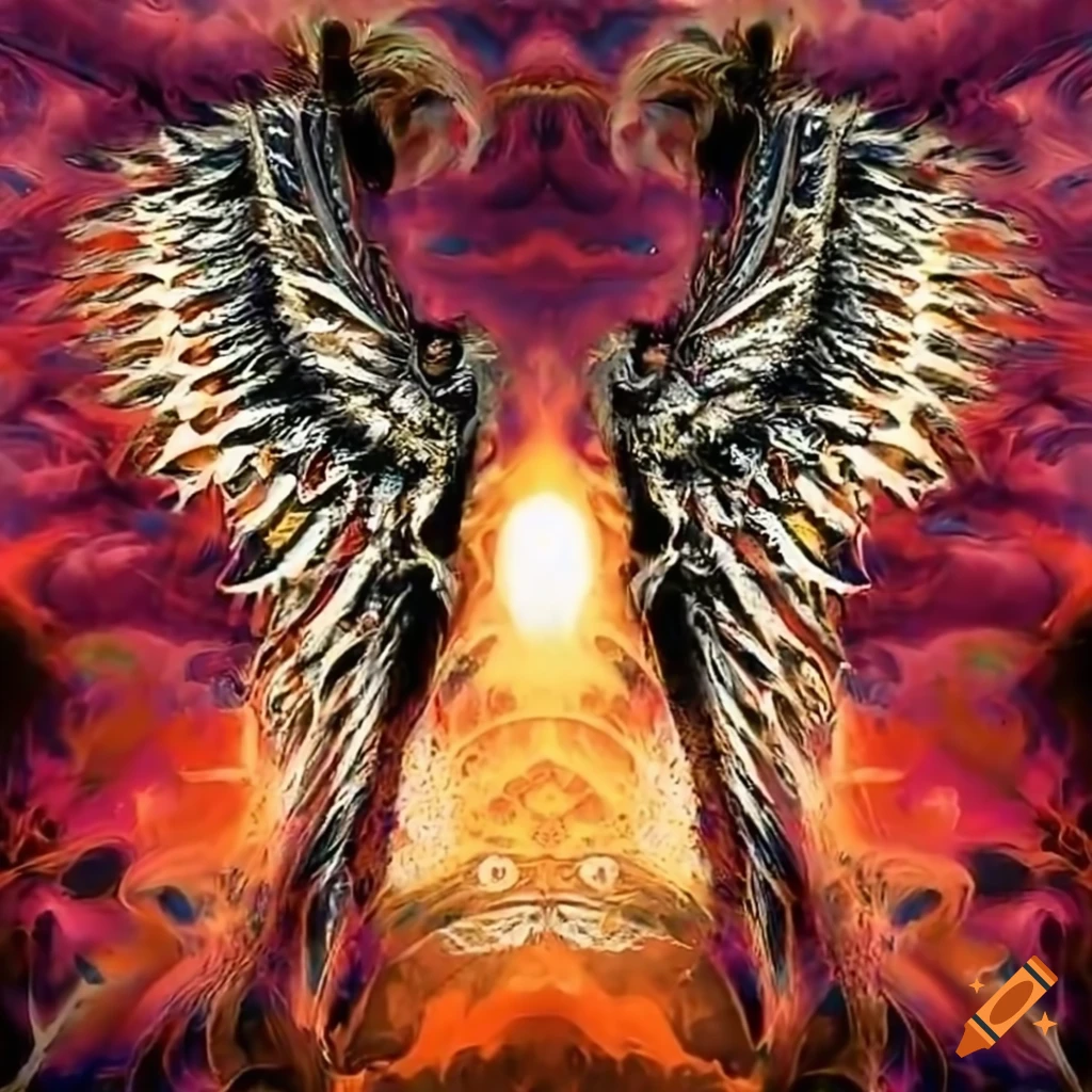 Ancient chrome wings against a psychedelic sunrise on Craiyon