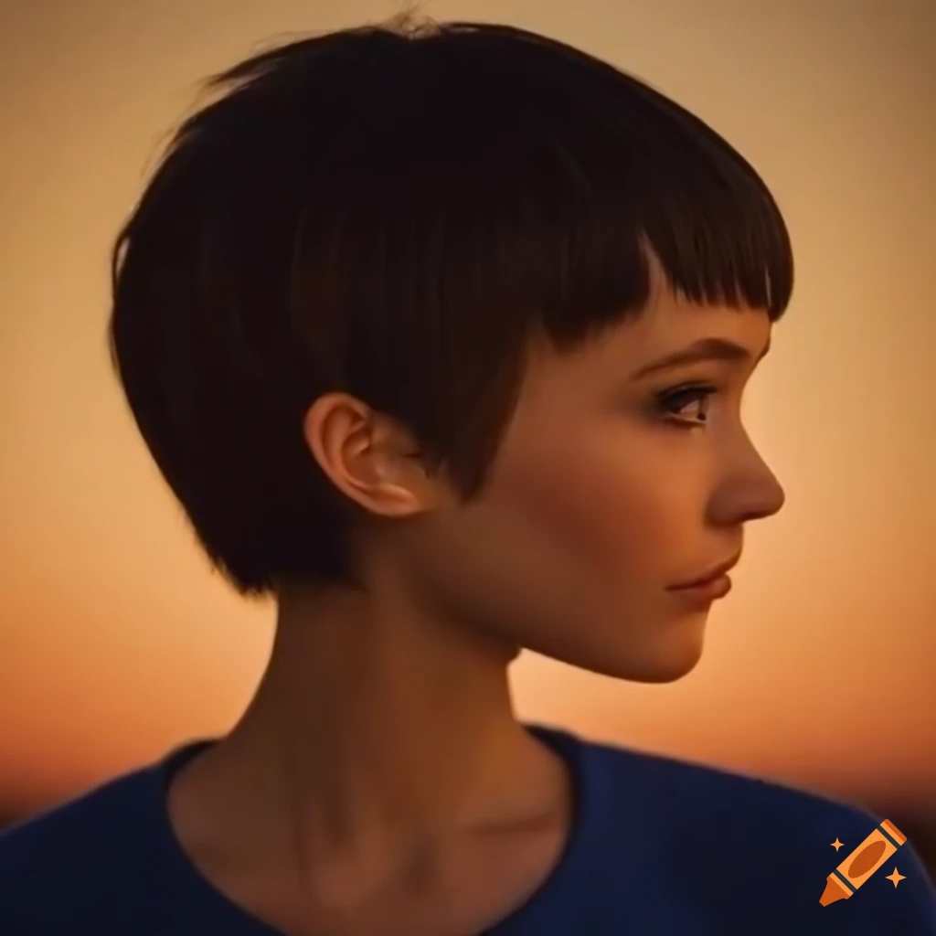 Cailee Spaeny with a pixie haircut wearing a blue sweatshirt on Craiyon