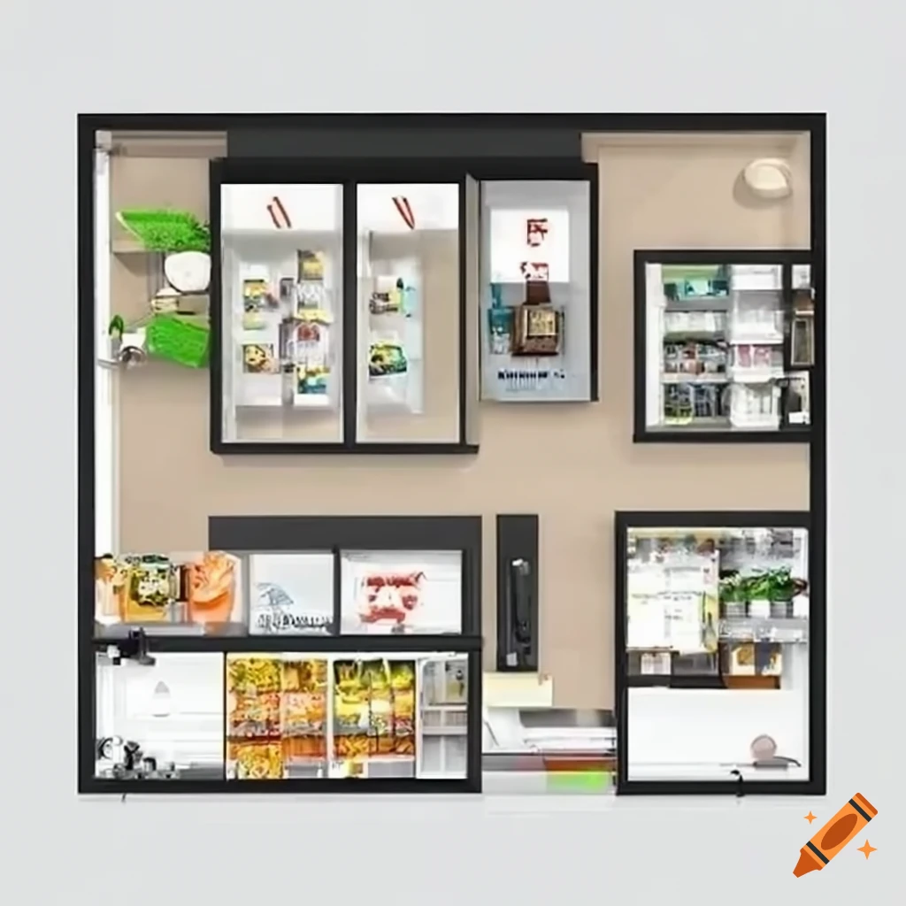 Detailed floor plan of a modern cashless convenience store on Craiyon