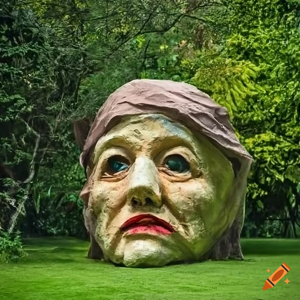 Green garden with surreal paper mache puppet head sculpture next to a ...