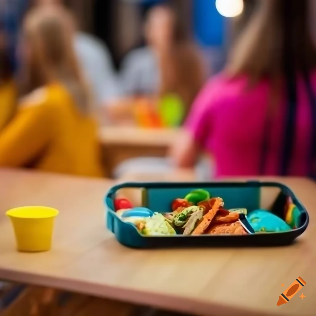 Brightly colored lunch box in a cafeteria setting on Craiyon