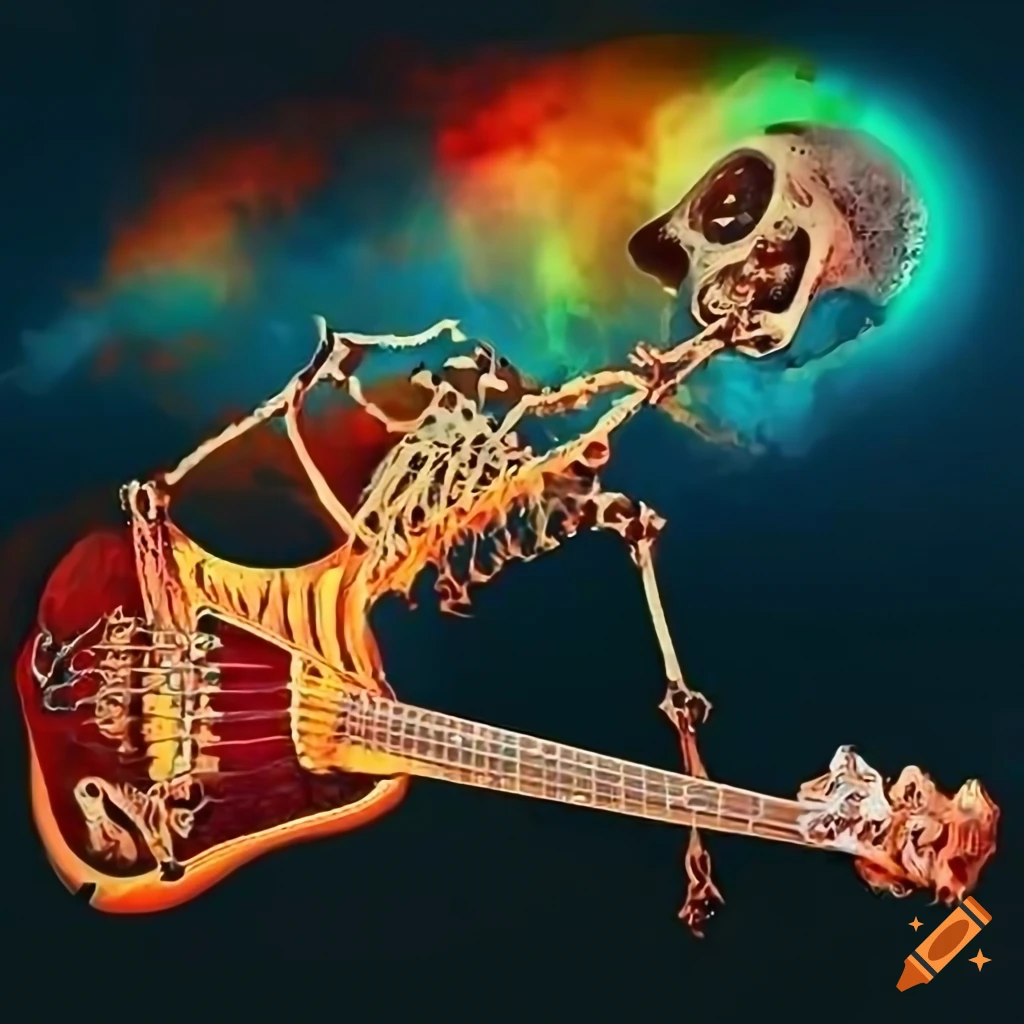 Sputnik skeleton playing fender bass in a colorful abstract dreamscape ...