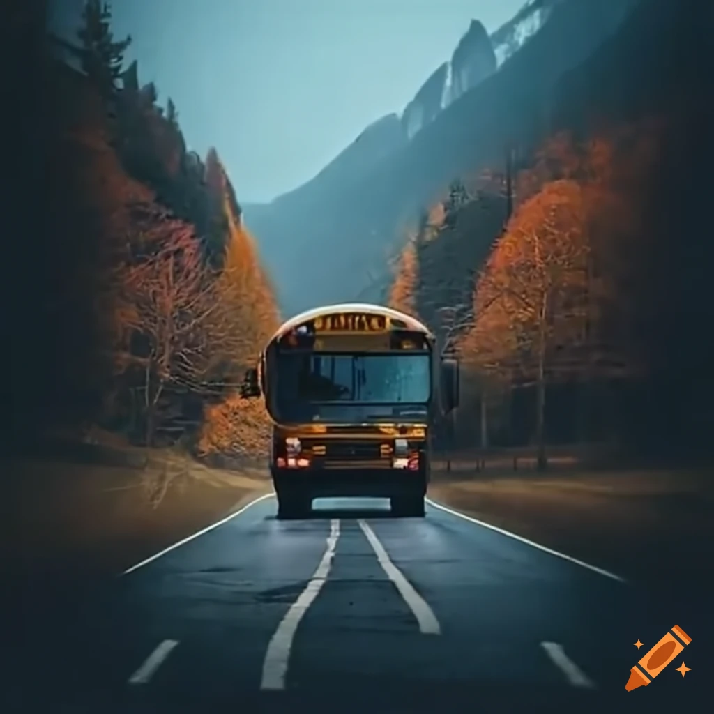 School bus traveling up a paved road into the mountains during daytime ...