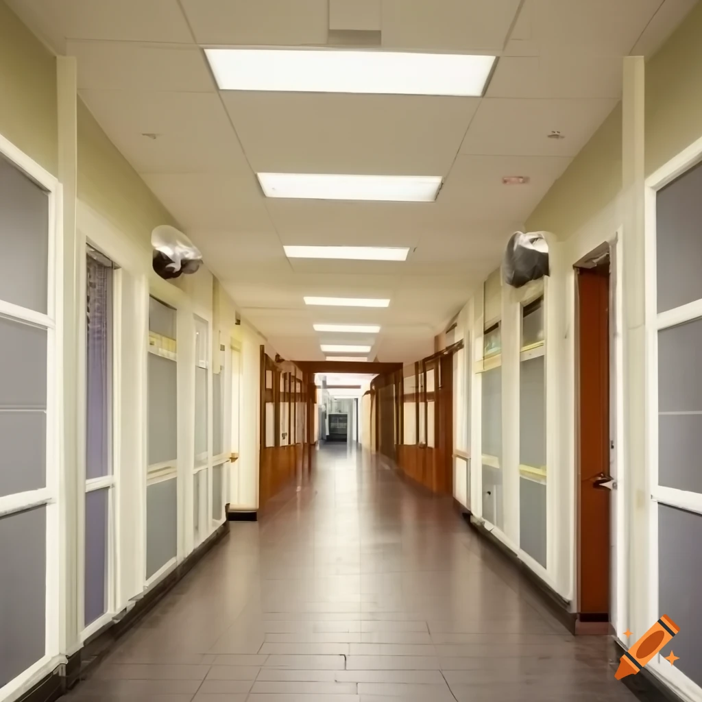 School corridor with classrooms and a hall on Craiyon