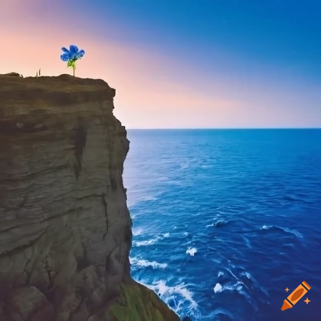 Dry cliff over ocean with blue flowers at the top on Craiyon