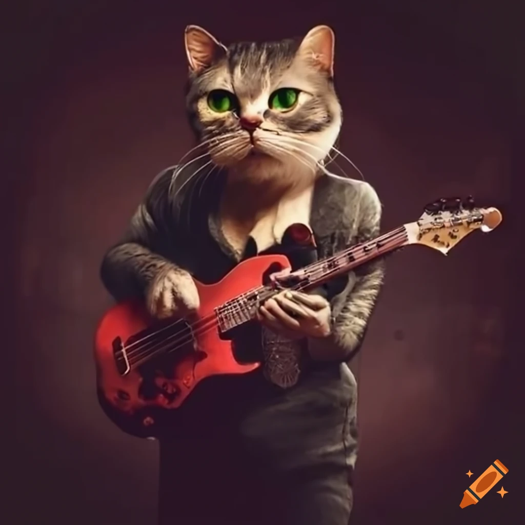 Vintage-style cat musician playing an electric guitar passionately on ...
