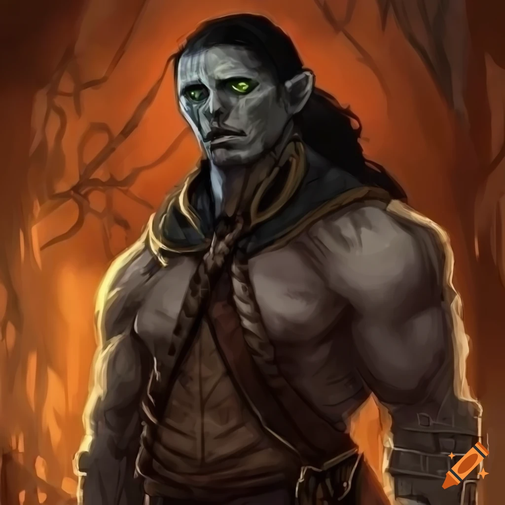 DnD Goliath chaotic neutral criminal rogue with black hair and green ...