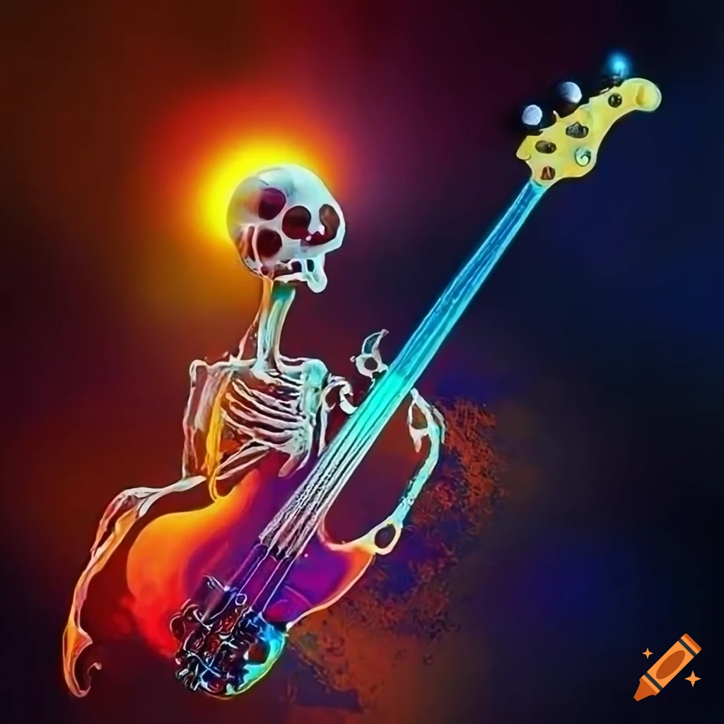 Sputnik skeleton playing fender bass in a colorful abstract dreamscape ...