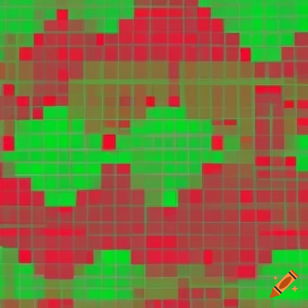 Pixel art grid with green and red ground in various shades on Craiyon