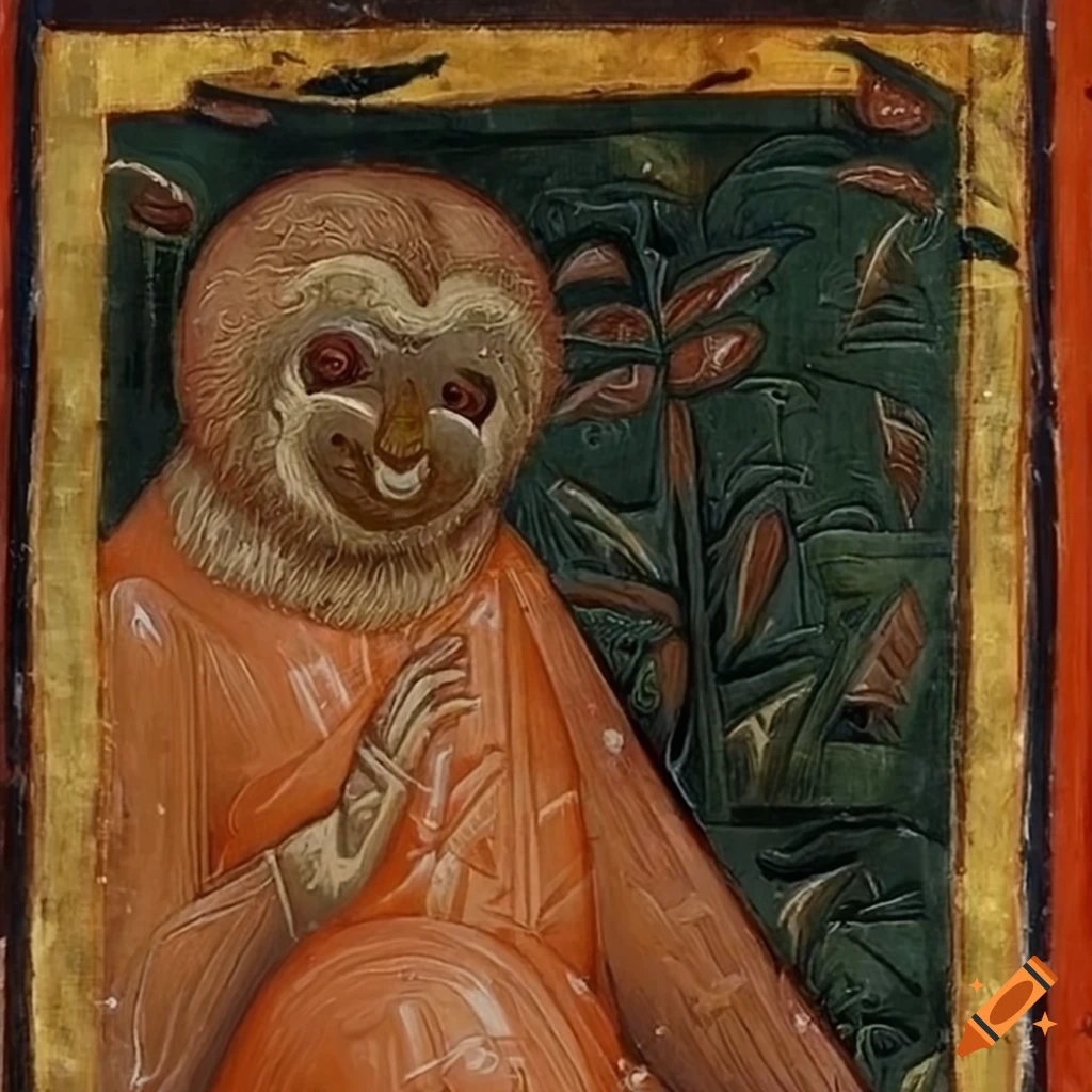 Medieval painting of a sloth monk meditating in a peaceful nature ...