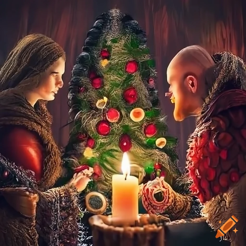 Vikings decorating a yule tree with candles on Craiyon