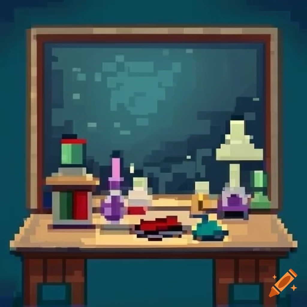 Pixel art high-quality science room apothecary with desk and blackboard ...