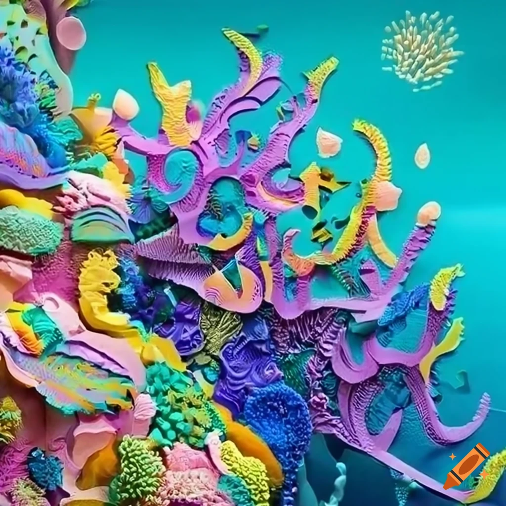 Intricate paper art of a colorful coral reef on Craiyon